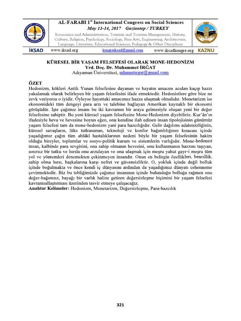 2b) Küresel Bir Yaşam Felsefesi Olarak Money-Hedonizm. Al Farabi 1. Uluslararası Sosyal Bilimler ...