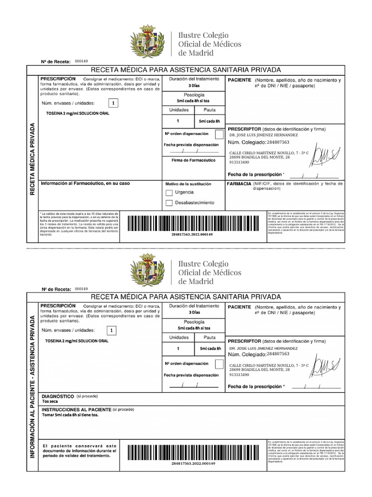 Toseina 2 MG/ML Solucion Oral: Dr. Jose Luis Jimenez Hernandez | PDF