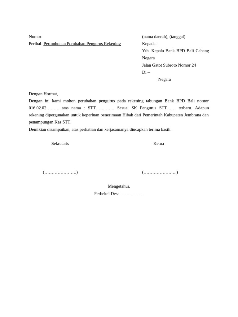 Surat Permohonan Perubahan Rekening STT | PDF