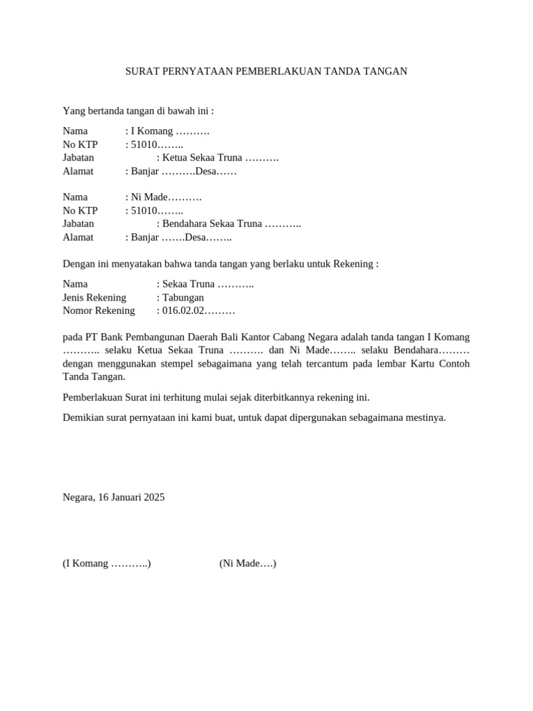 Contoh Surat Pernyataan Pemberlakuan Tanda Tangan STT | PDF