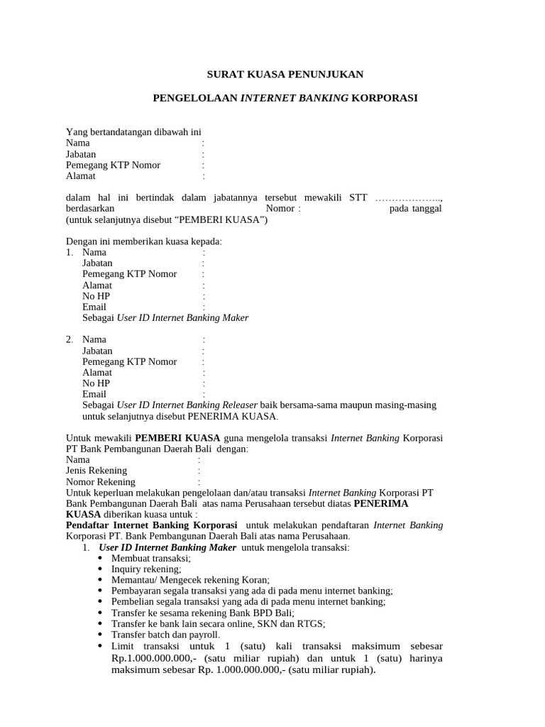Surat Kuasa Internet Banking Korporasi | PDF