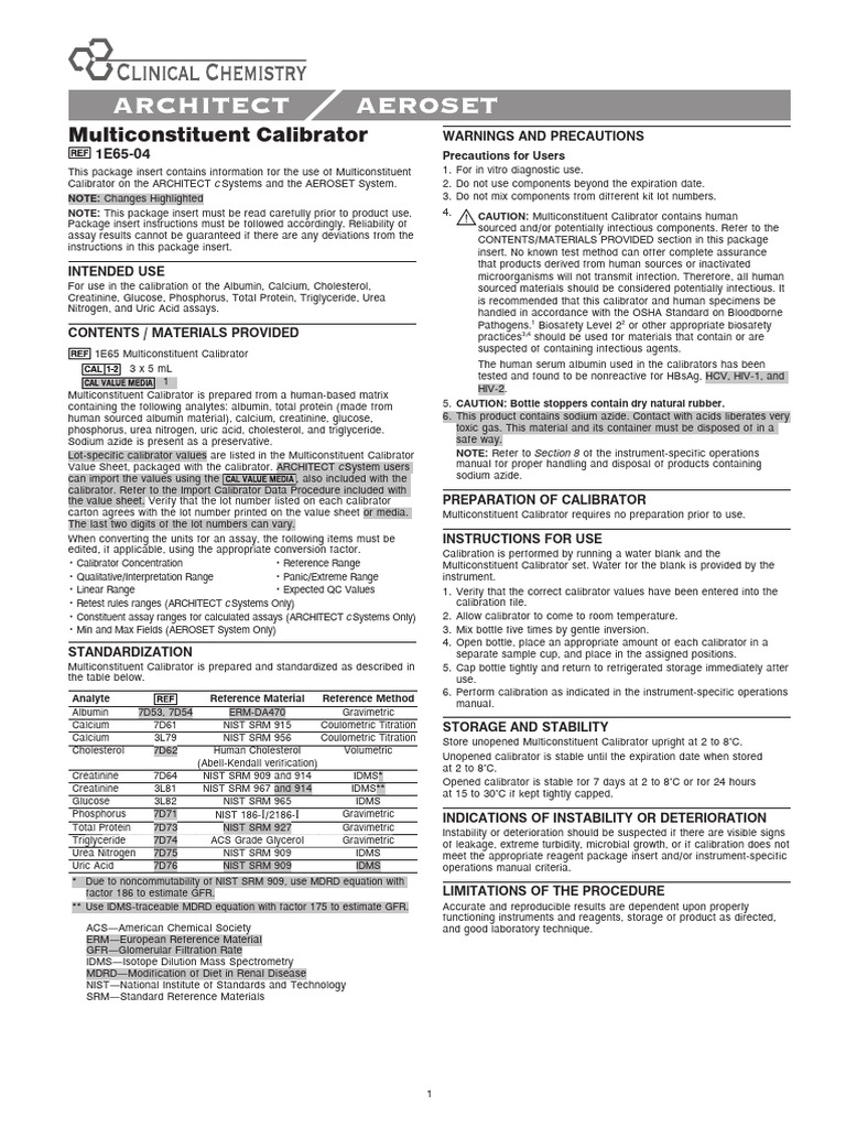 Multiconstituent Calibrator Instructions | PDF | Creatinine