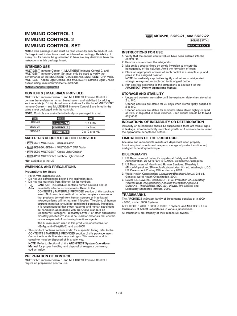 6K32-1E-20, -21, -22 Sentinel Immuno Controls 1 and 2 Reagent Insert | PDF