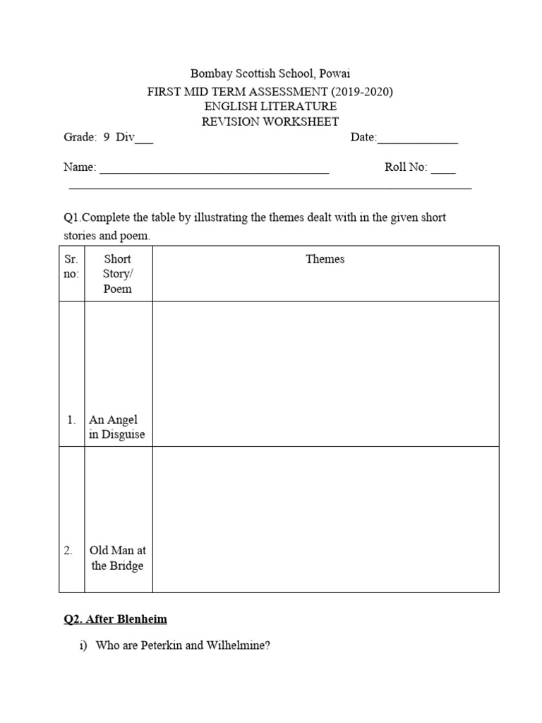 1st MTA 20-21 English Literature Revision Paper For Grade 9 | PDF