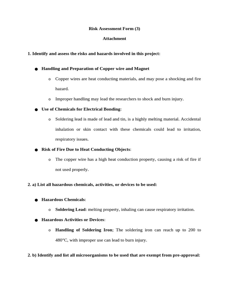 Form 3 Risk Assessment Attachment | PDF | Soldering | Hazards
