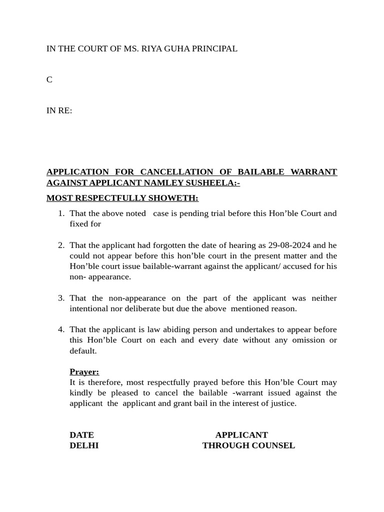 Bailable Warrant Cancellation Application | PDF