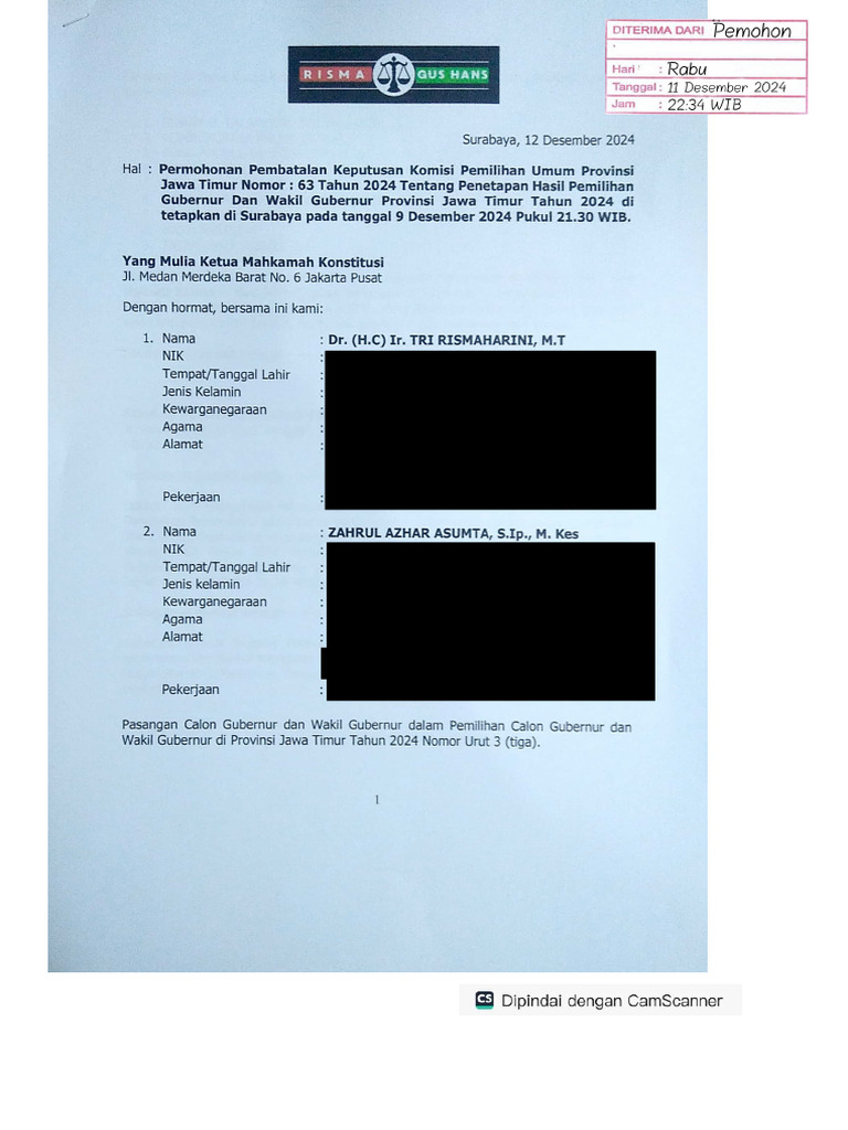 Permohonan Pemohon Pilgub Jatim 2025 | PDF