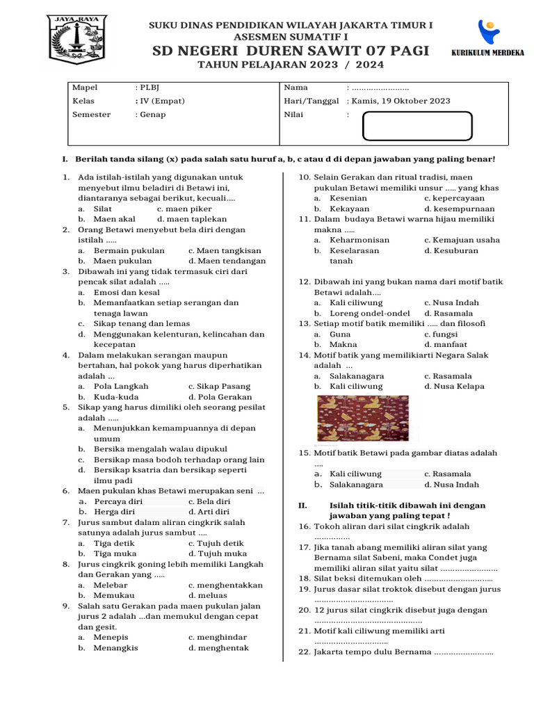 Soal Sumatif PLBJ KLS 4 Bab 1 SMT 2 | PDF