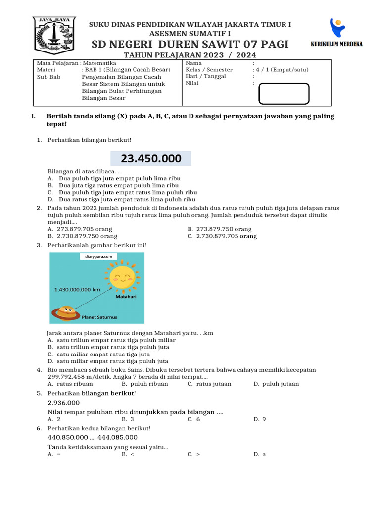 Soal Sumatif MTK KLS 4 Bab 1 | PDF
