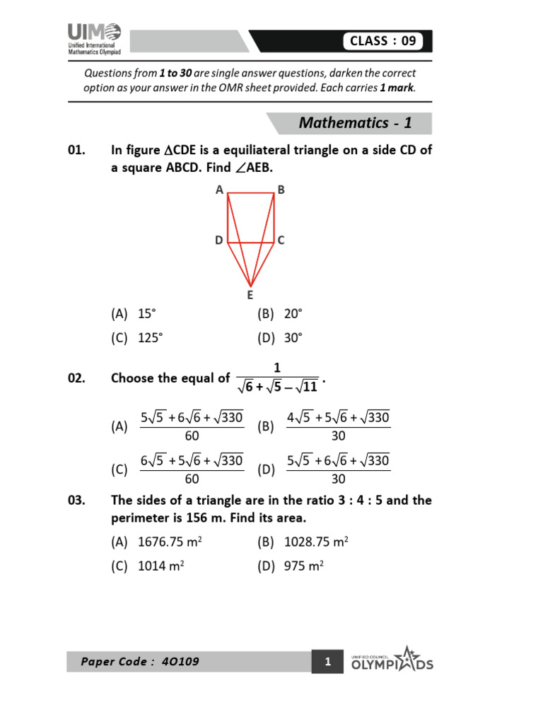 CLASS 9 UIMO-2024-25-Paper 4O109 | PDF | Euclidean Geometry | Euclid