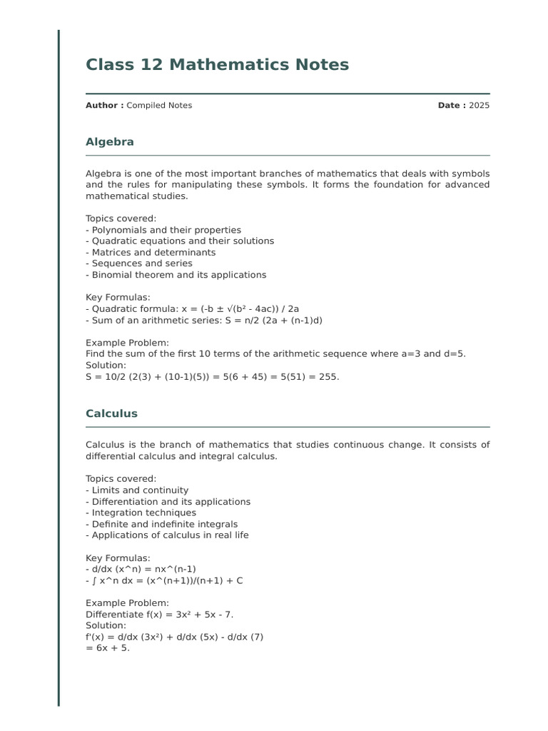 Class 12 Mathematics Notes: Algebra | PDF