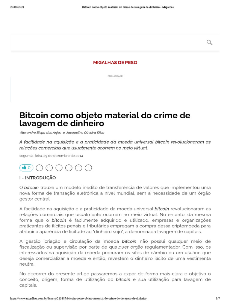 Bitcoin Como Objeto Material Do Crime de Lavagem de Dinheiro - Migalhas | PDF | Bitcoin ...
