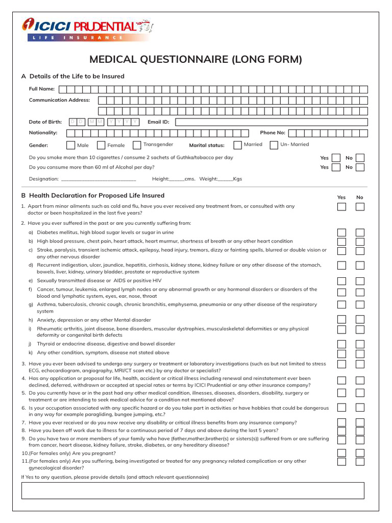 Long Form Medical Questionnaire - 24aug2023 | PDF | Insurance | Life ...