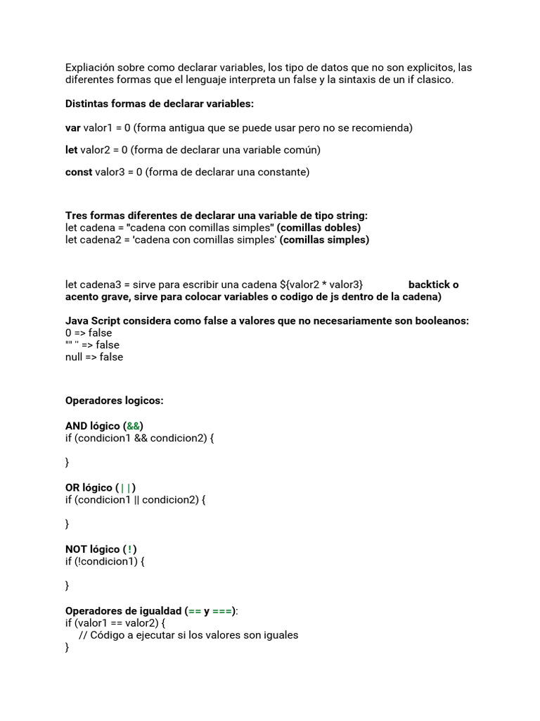 Declaración de Variables y Estructuras en JS | PDF