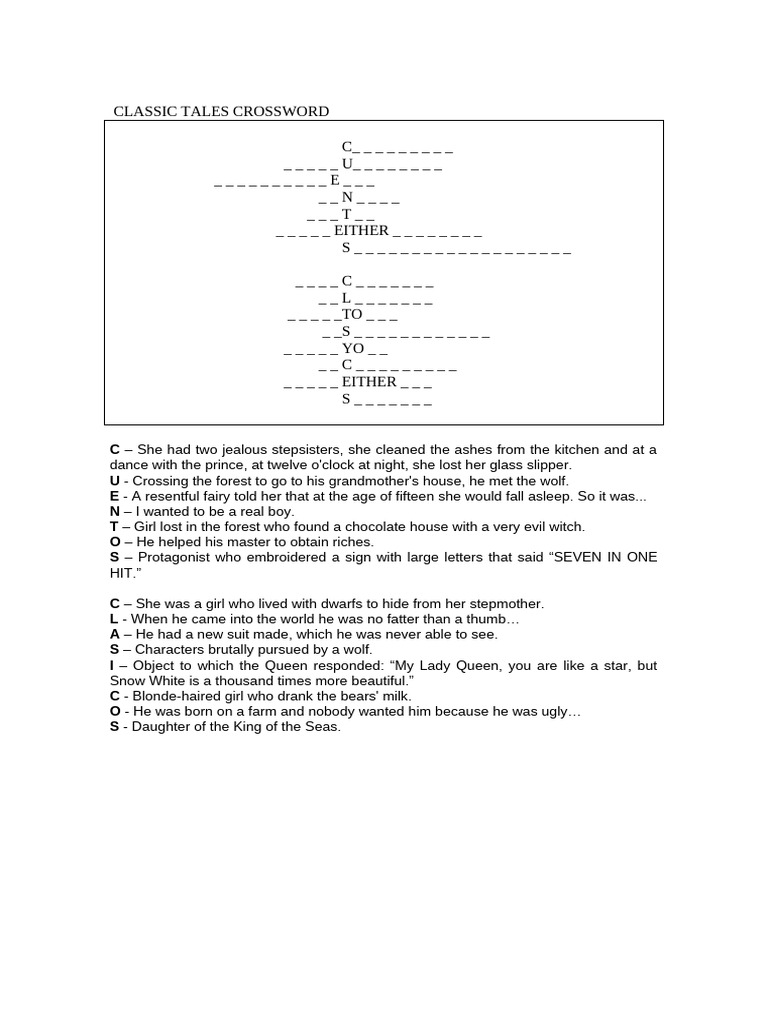 Classic Tales Crossword Puzzle | PDF