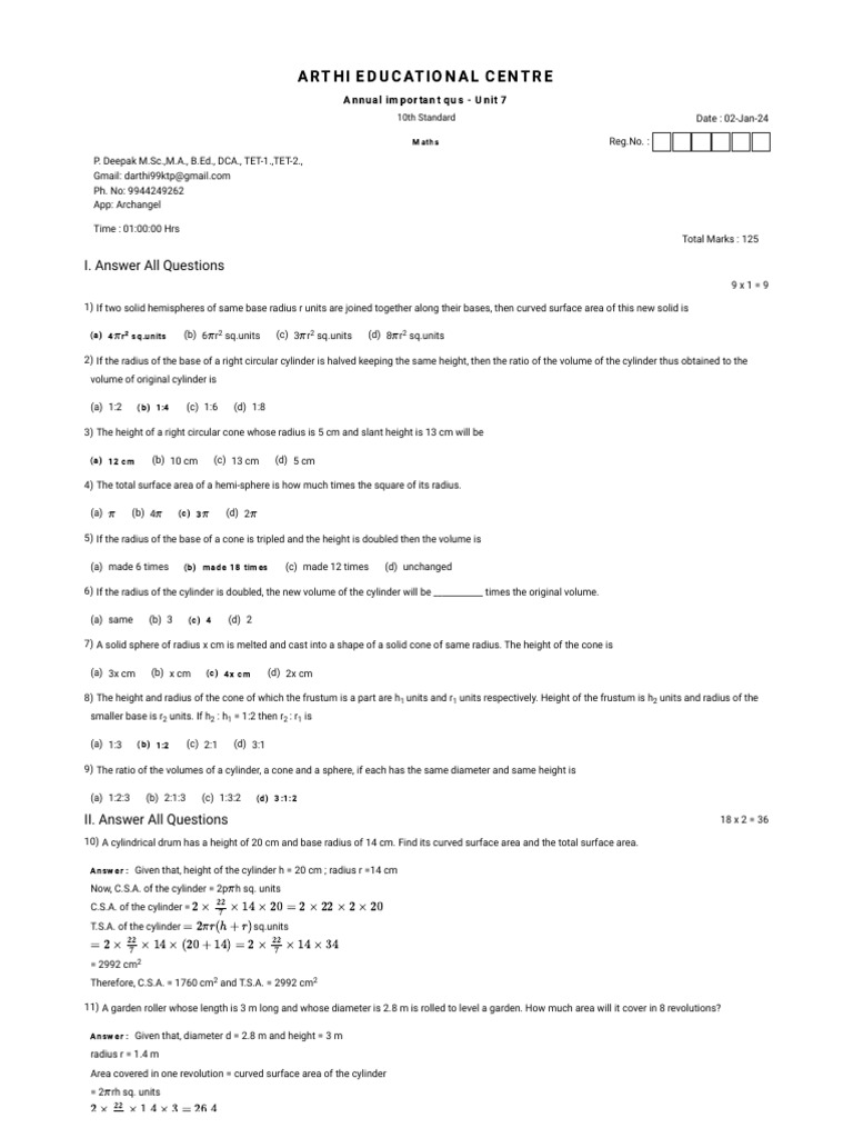 10th Standard Maths Important Questions | PDF | Sphere | Area
