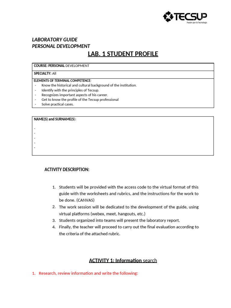 Personal Development Lab 1 | PDF | Evaluation | Laboratories