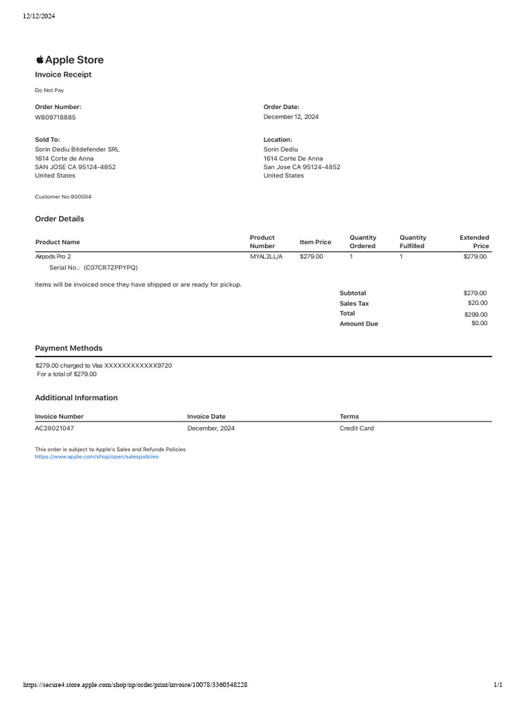 Apple Store Invoice for AirPods Pro 2 | PDF | Invoice | Receipt