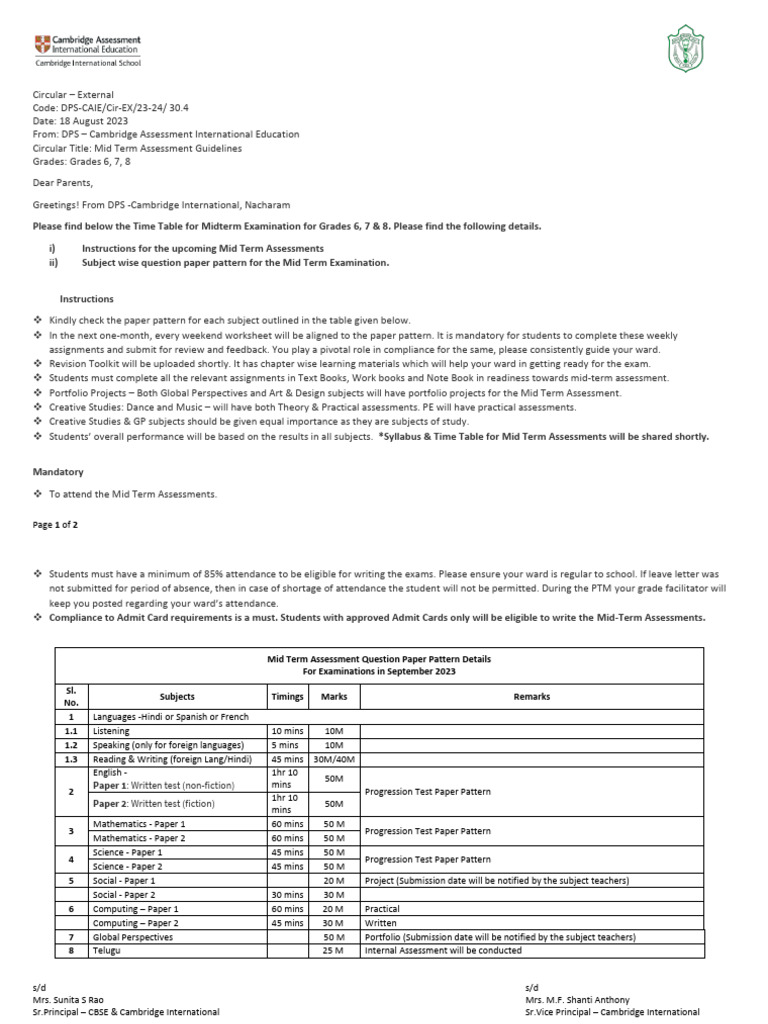 Mid Term Assessment Guidelines 2023-24 | PDF