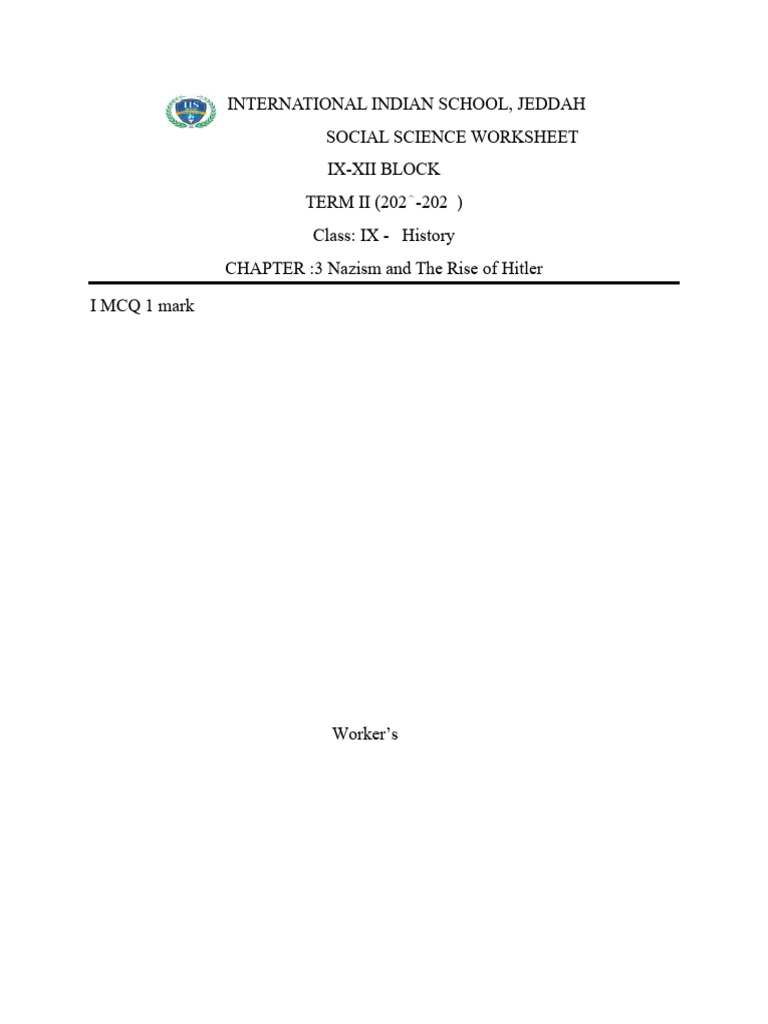 Nazism and Hitler: Social Science Worksheet | PDF | Weimar Republic ...