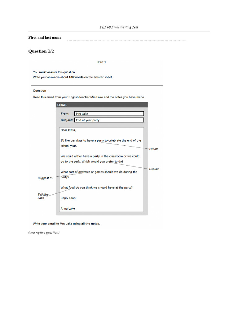 PET - 60 Final Writing Test - Questions | PDF