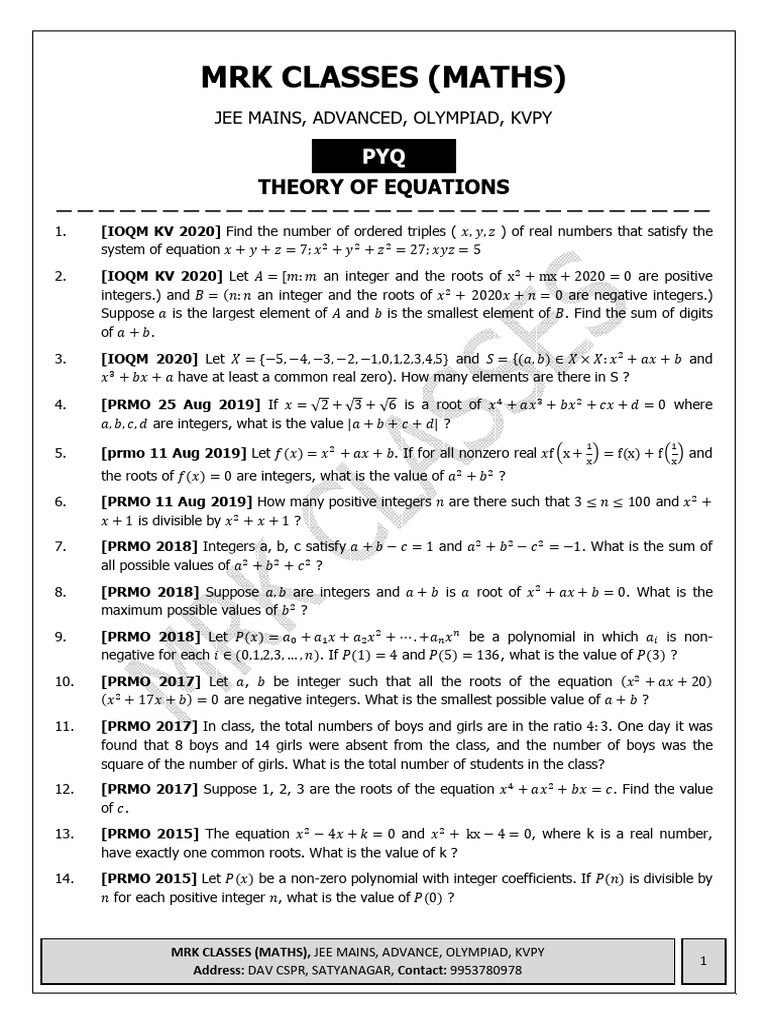 PYQ Theory of Equations | PDF | Numbers | Zero Of A Function