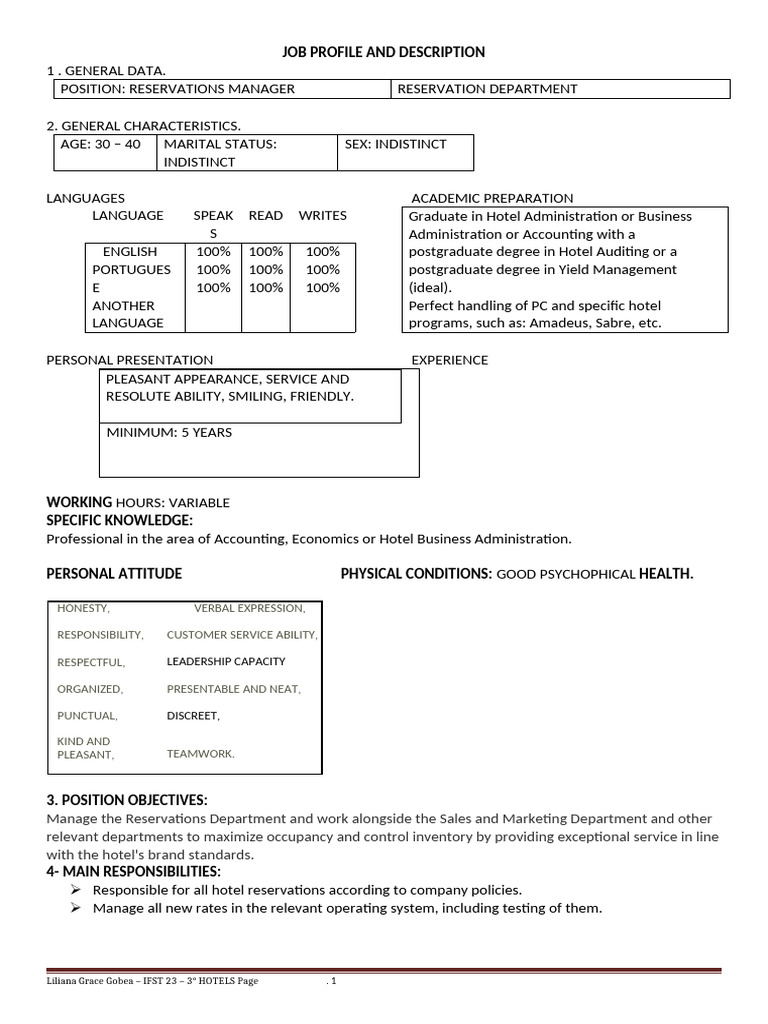 Profile and Job Description of A Hotel Reception Manager. | PDF ...