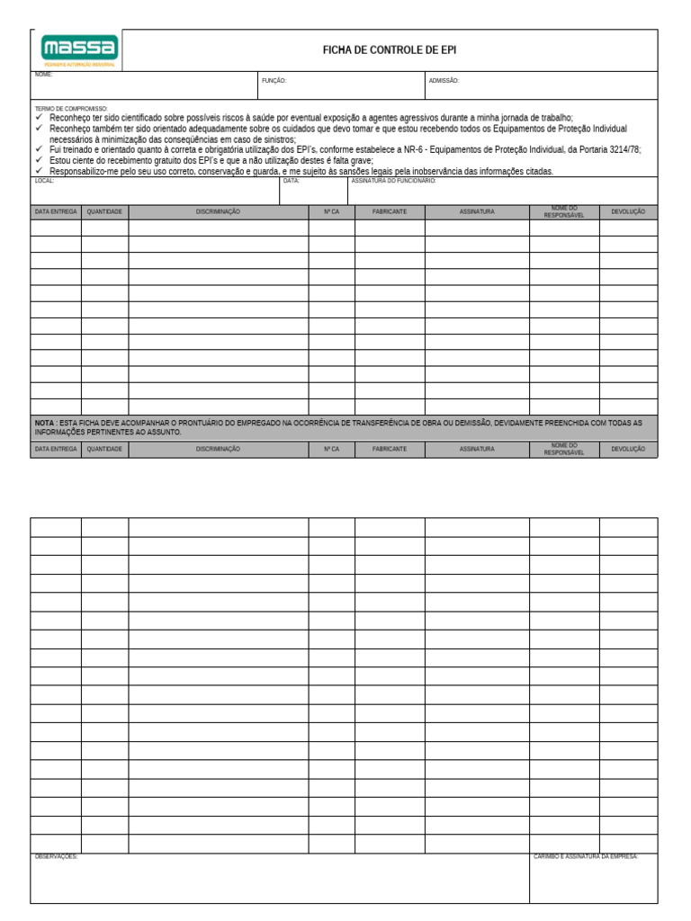 Ficha de Controle de EPI para Funcionários | PDF