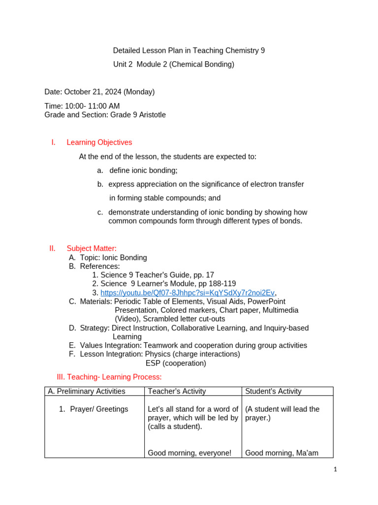 Revised-Lesson-Plan (1) | PDF | Ion | Ionic Bonding