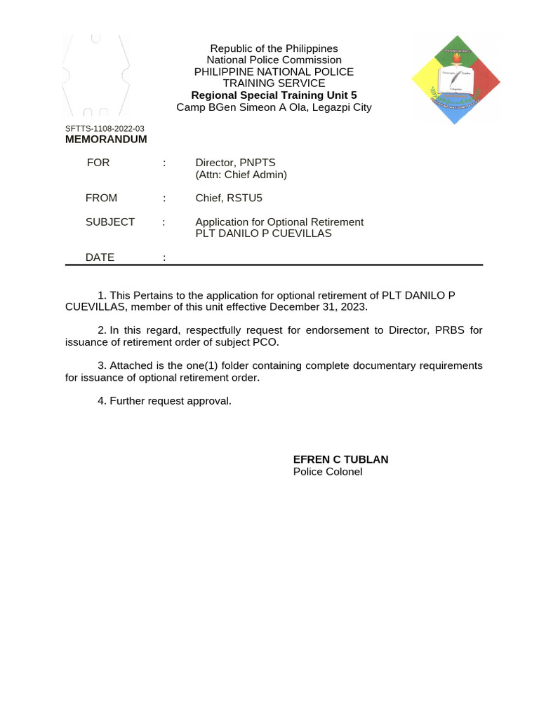 Optional Retirement Application for PLT Cuevillas | PDF