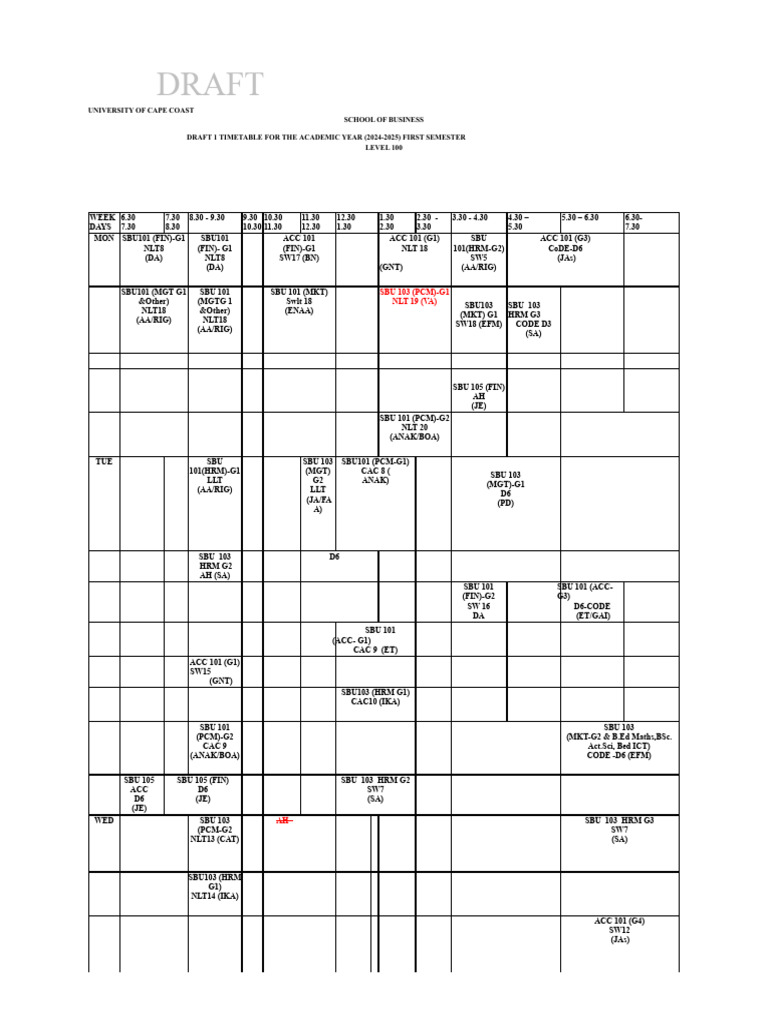 UCC School of Business Timetable 2024-25 | PDF