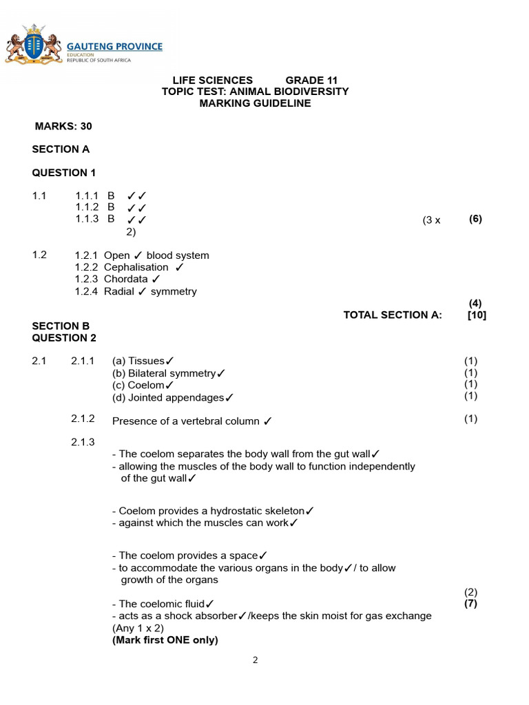 Gr.11 Topic Test Animal Biodiversity Memo PDF | PDF | Skeleton | Zoology