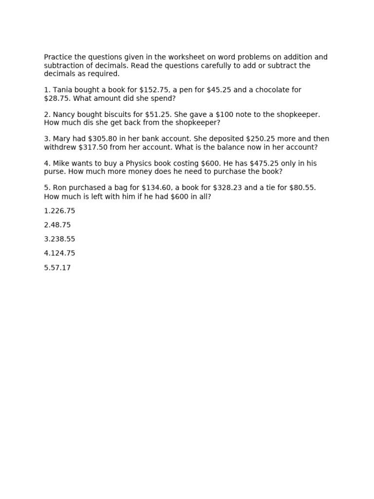 Decimal Addition and Subtraction Worksheets | PDF