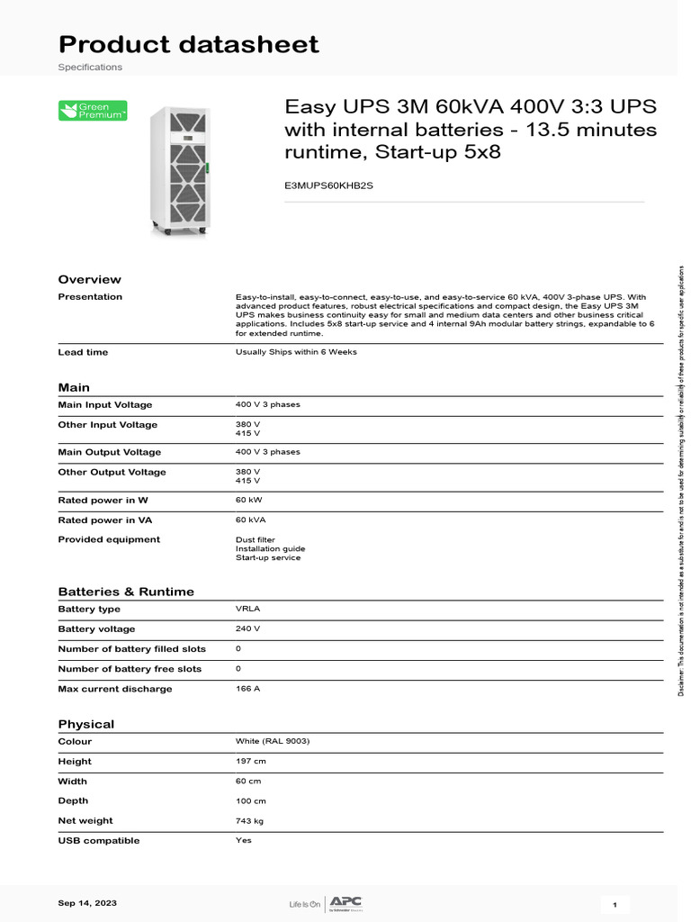Easy UPS 3M 60kVA 400V Specifications | PDF | Mains Electricity ...