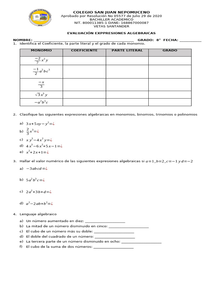 Evaluación de Expresiones Algebraicas 8° | PDF