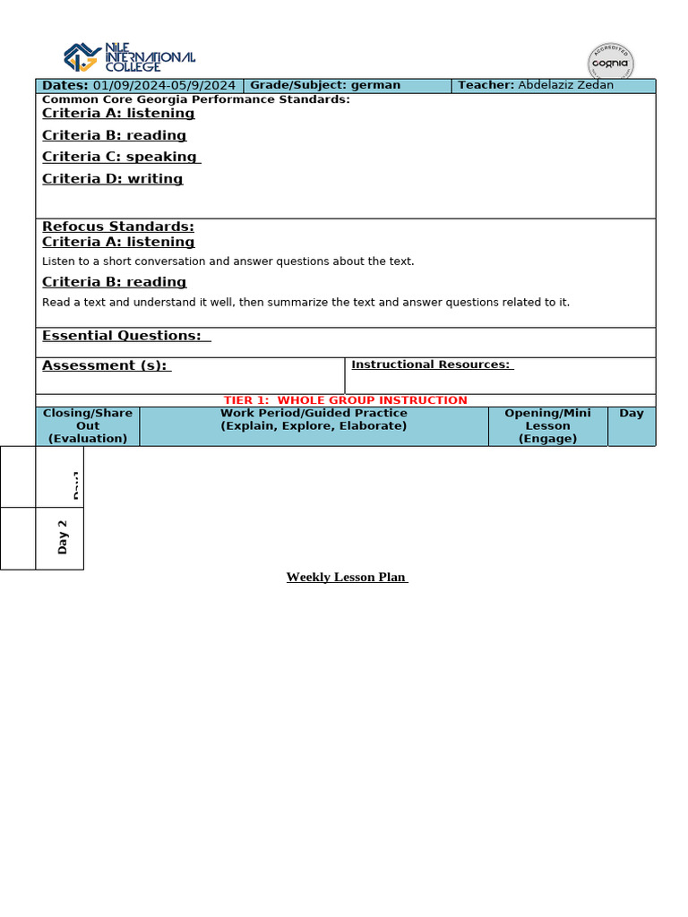 German Grade Lesson Plan 2024 | PDF