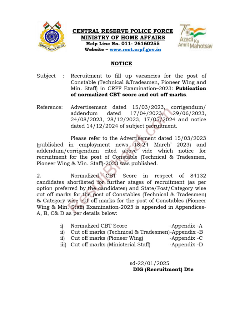 CRPF Constable CT 2023 Normalized Score Cutoff Marks | PDF | Government Of India