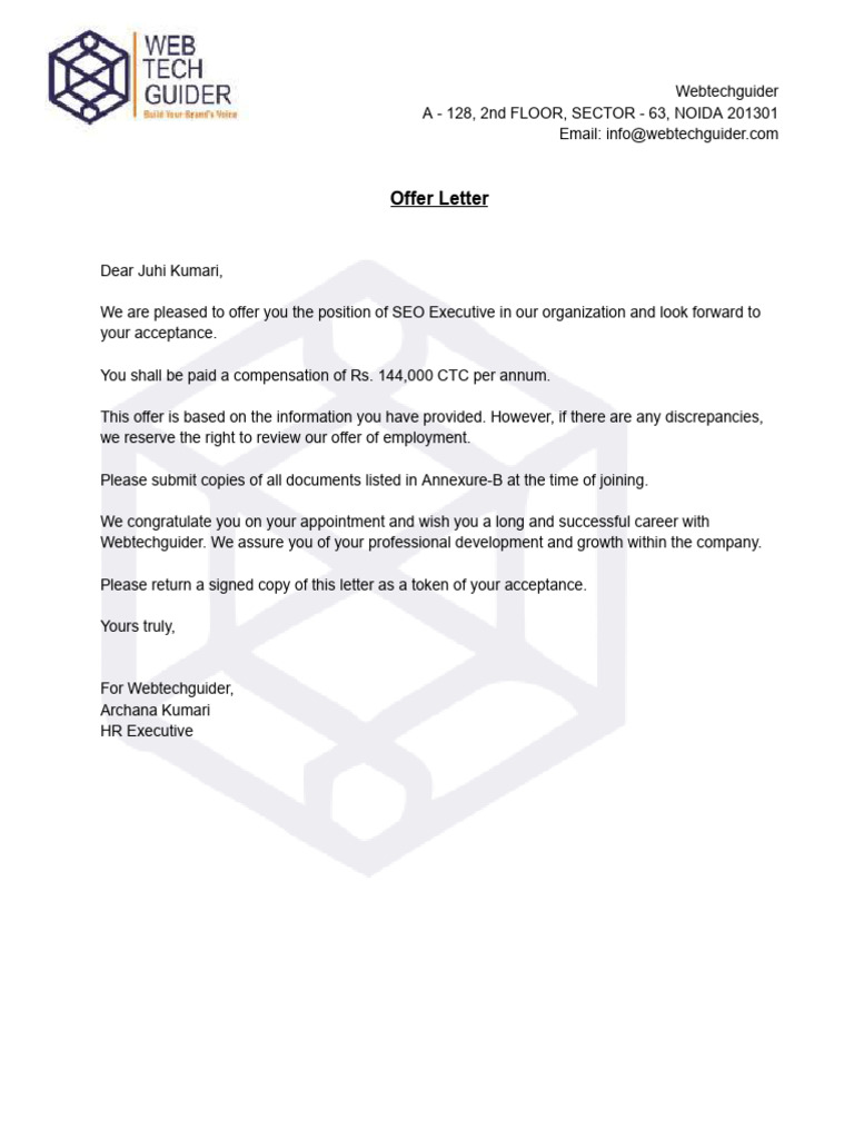 Juhi Kumari, Offer Letter | PDF | Employment | Business