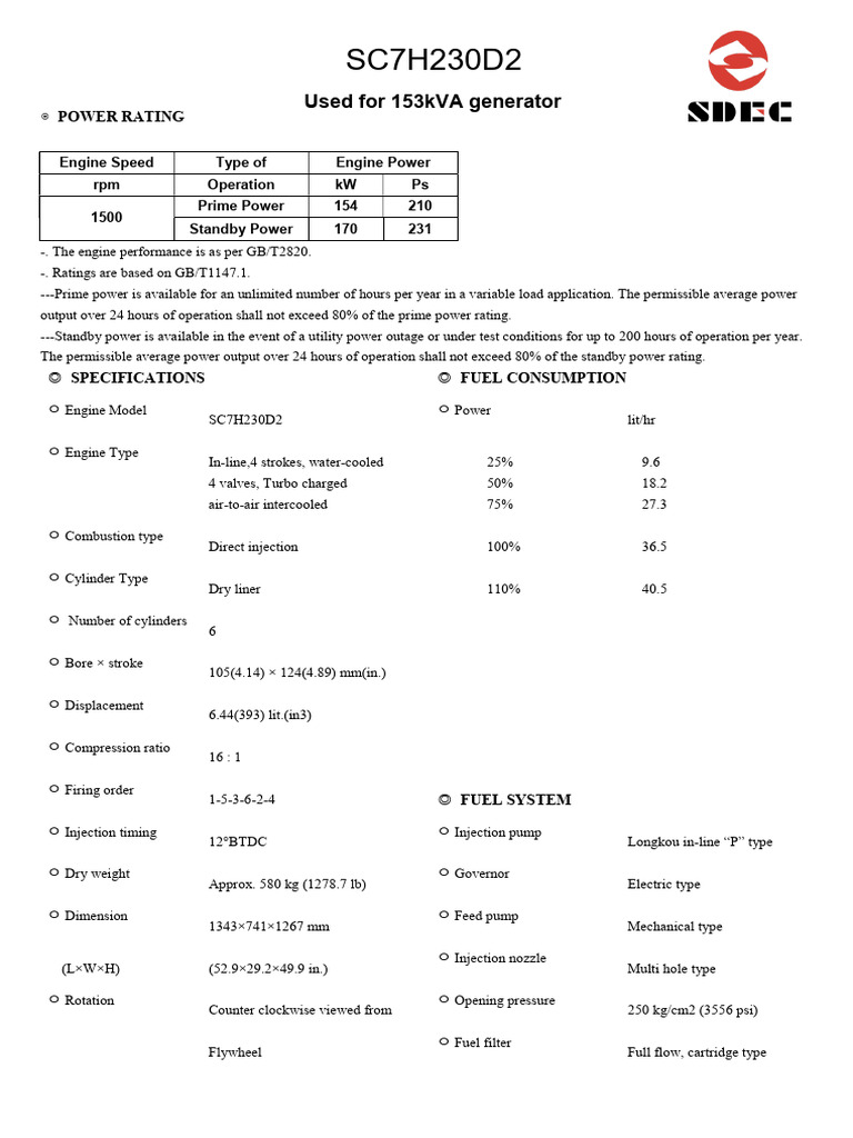 SDEC SC7H230D2 Engine Specifications | PDF | Engines | Diesel Engine