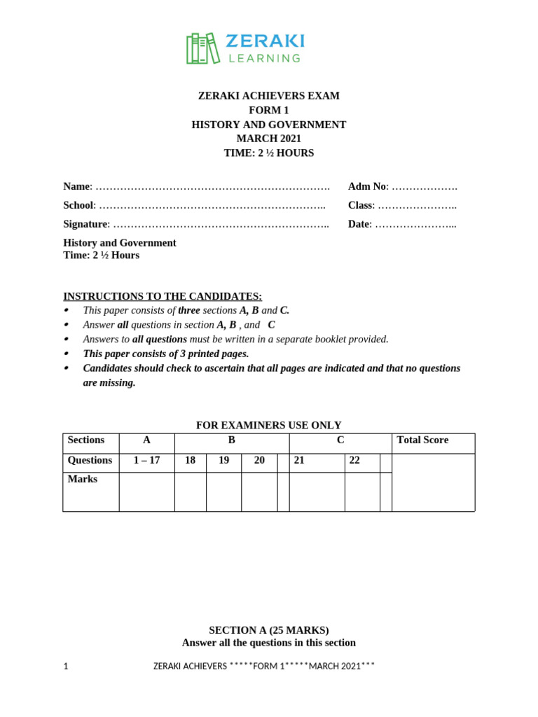 Form 1 History & Government Exam 2021 | PDF | Kenya | Africa