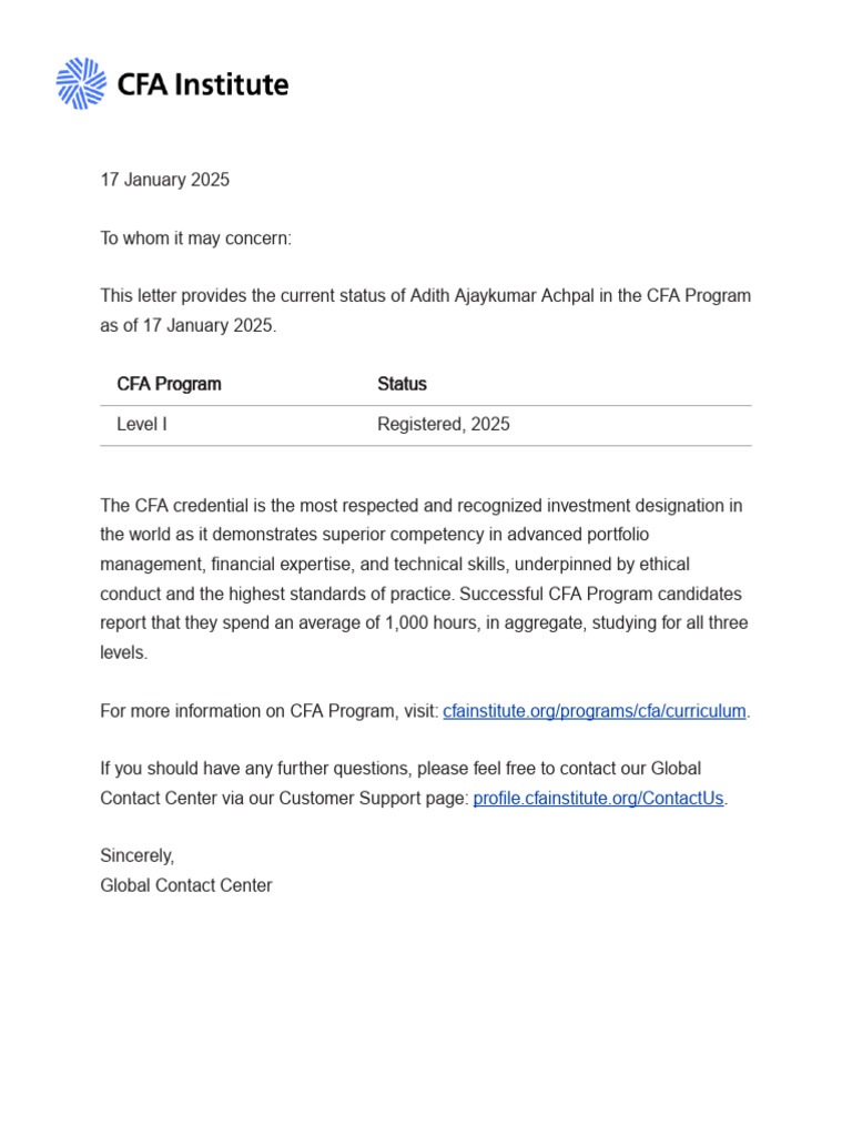 CFA Program Verification Letter-2 | PDF
