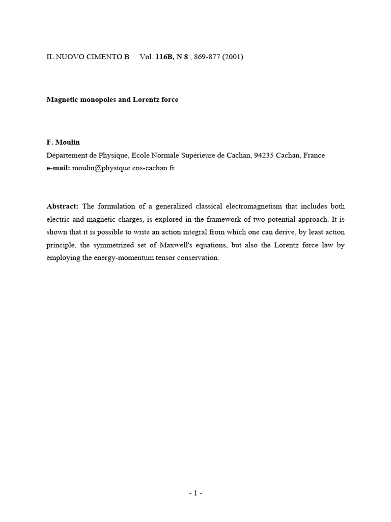 Magnetic Monopoles and Lorentz Force | PDF | Force | Momentum