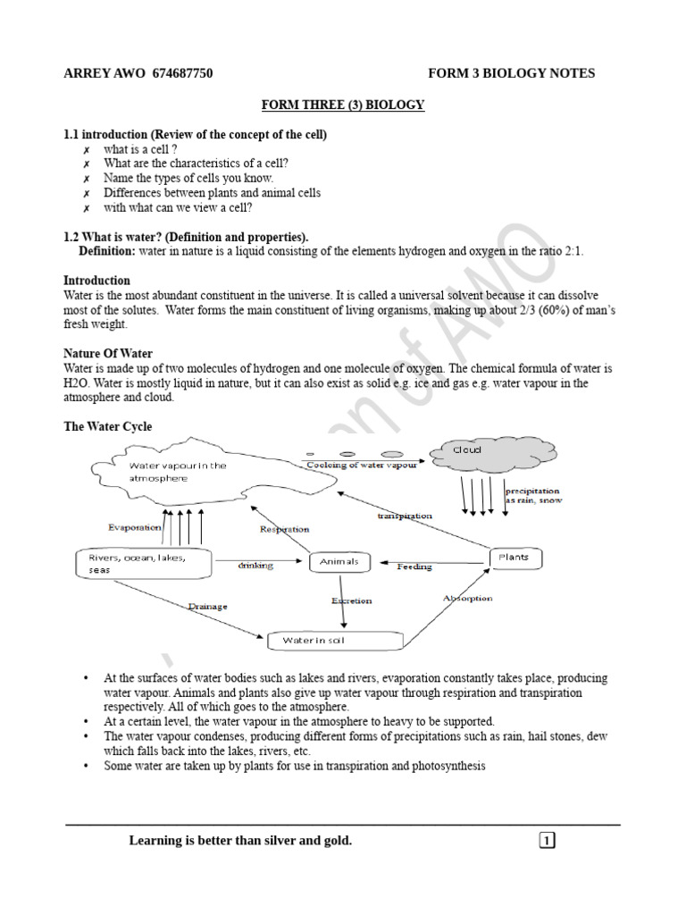 Form 3 Biology: Cells and Water Cycle | PDF | Osmosis | Bacteria