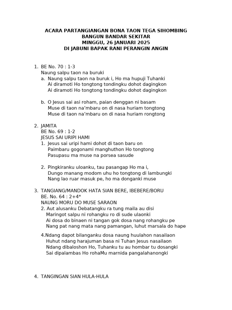 Acara Partangiangan Bona Taon Tega Sihombing | PDF