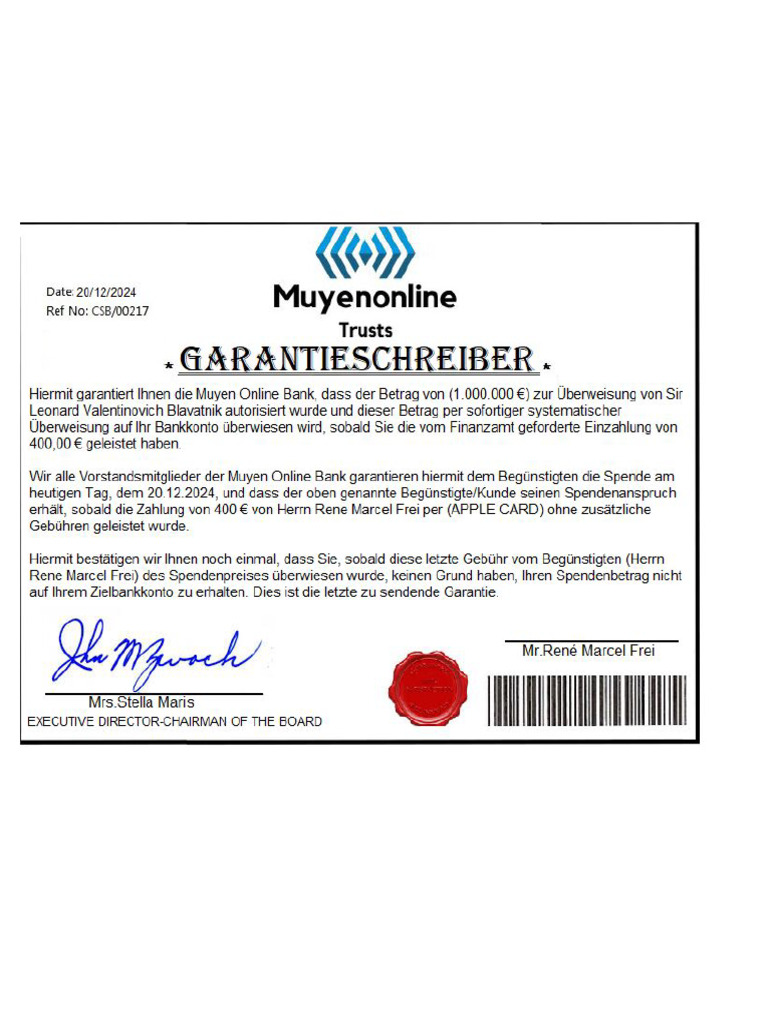 Guarantee Letter(Rene Marcel Frei) | PDF