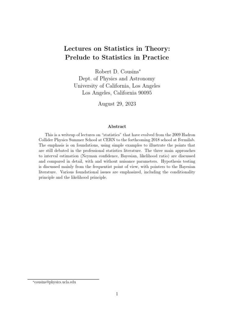 Lectures On Statistics in Theory - Prelude To Statistics in Practice | PDF | Statistical ...
