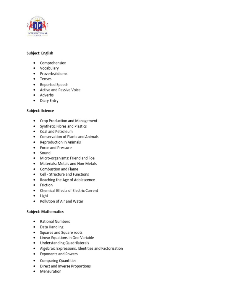 Entrance Exam Syllabus Class IX | PDF