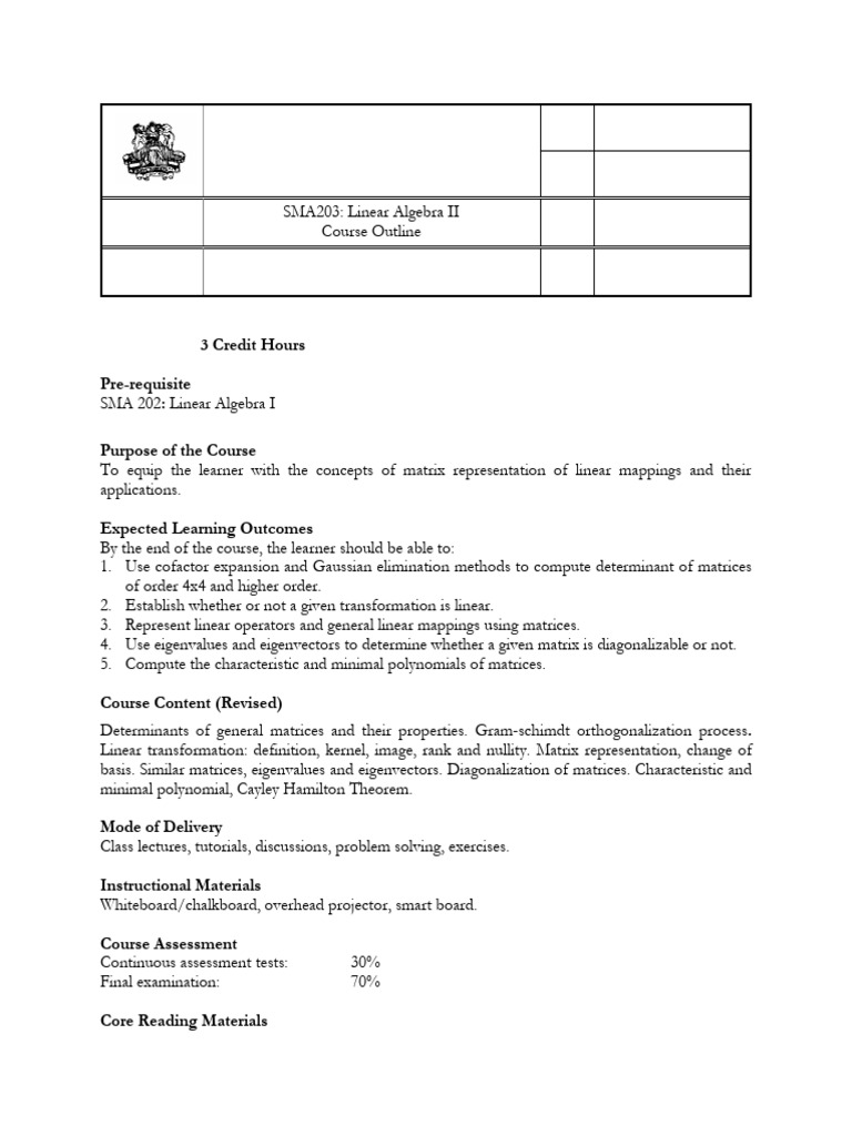 Sma 203 Course Outline | PDF | Matrix (Mathematics) | Determinant
