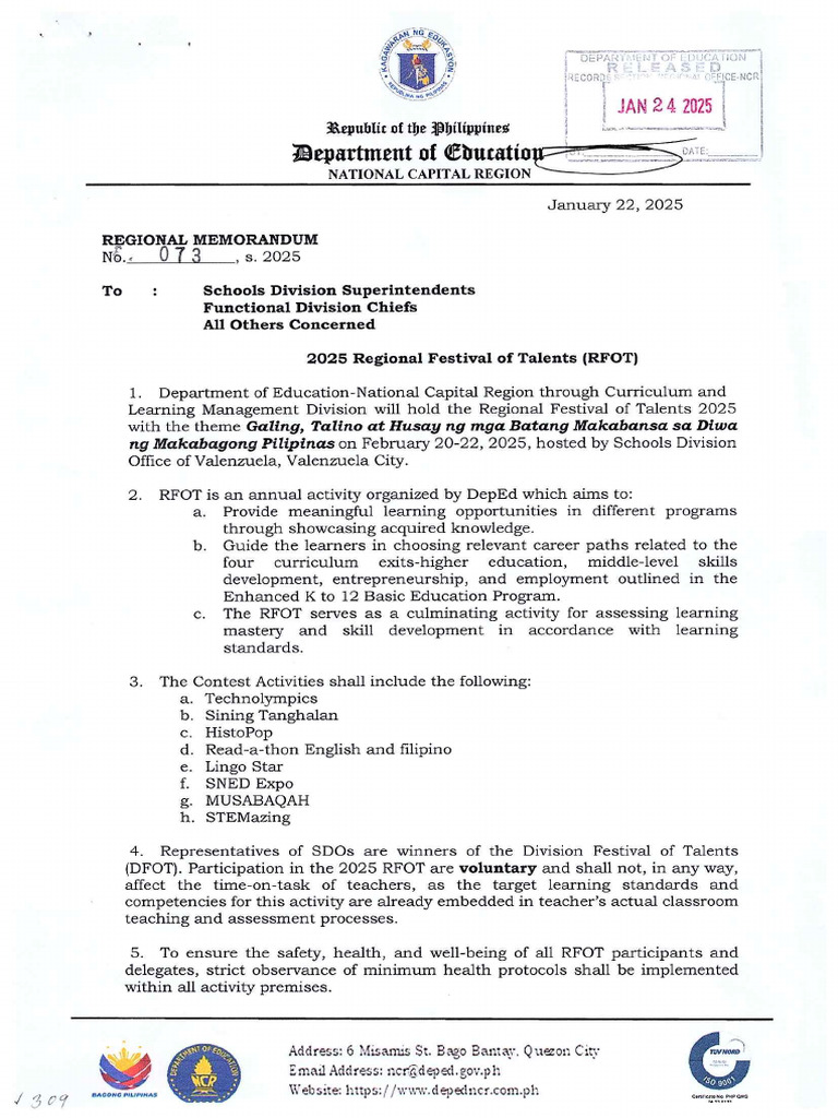 RM No. 073 S. 2025 2025 Regional Festival of Talents RFOT | PDF