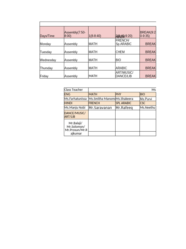 9BM Class Schedule Overview | PDF
